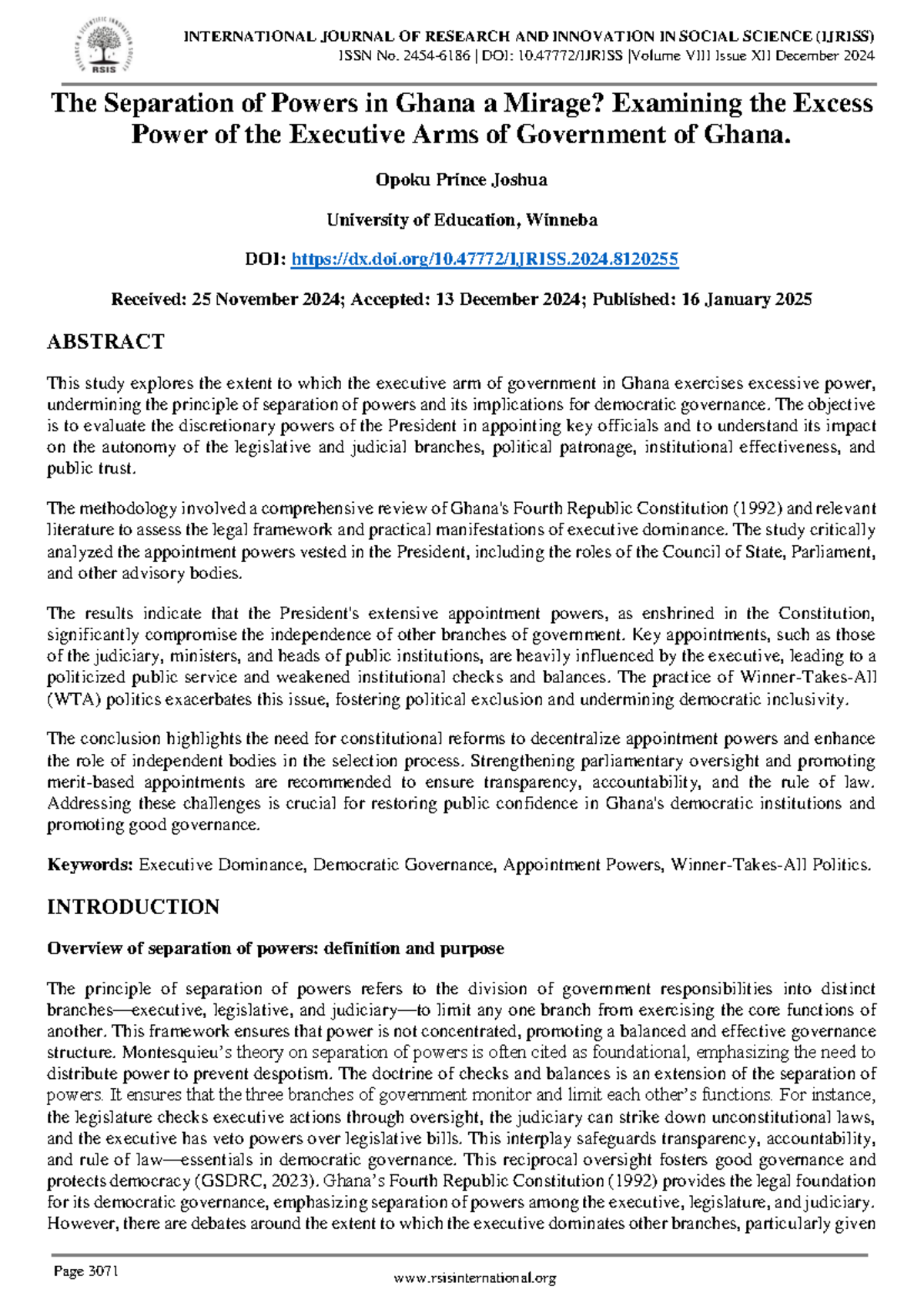 The Separation of Powers in Ghana: Examining Executive Dominance and ...