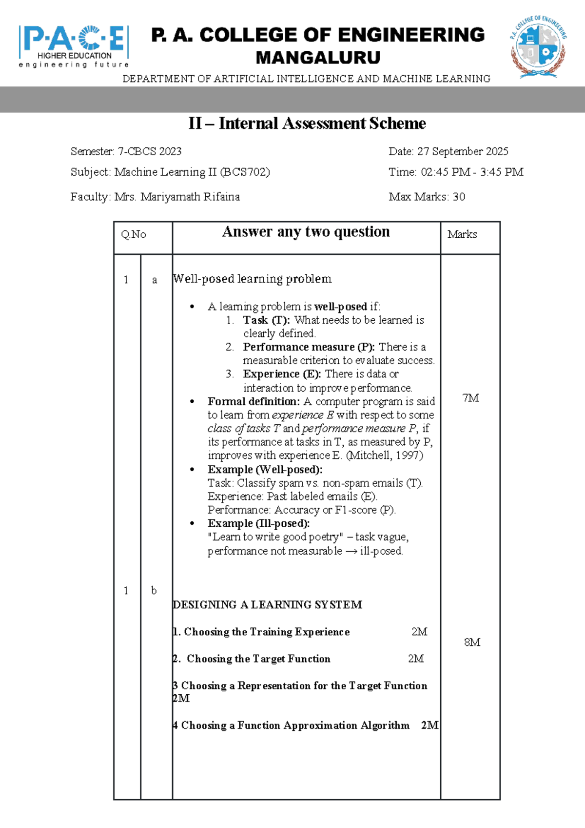 BCS702 Machine Learning II Internal Assessment Answer Scheme - Studocu