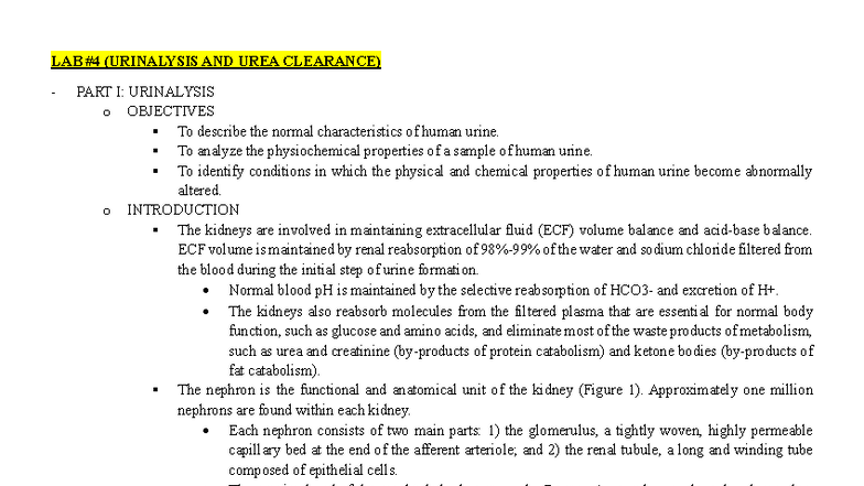 LAB (BIO 101) URINALYSIS & UREA CLEARANCE: Part I & II Notes - Studocu