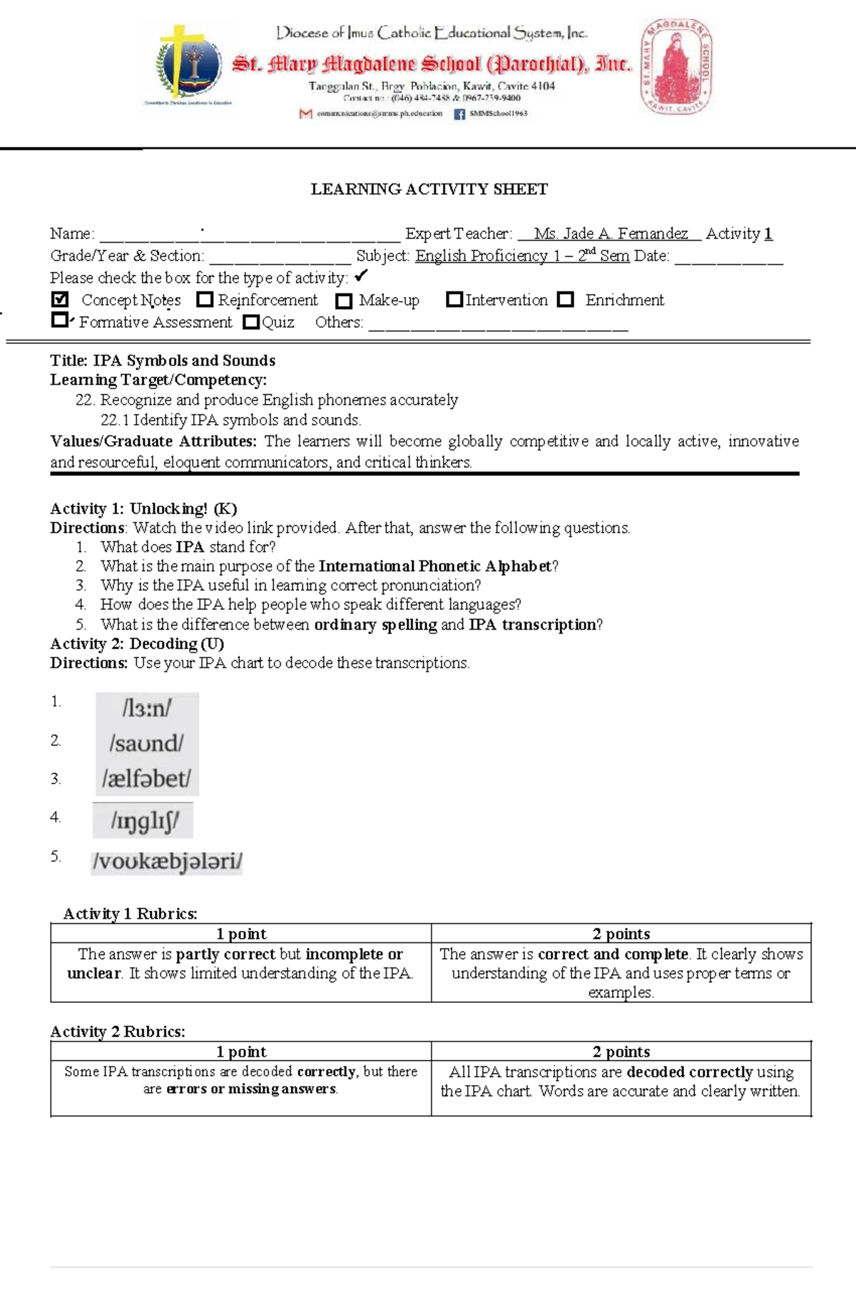 LAS1: IPA Symbols and Sounds - Phonological Rules Activity - Studocu