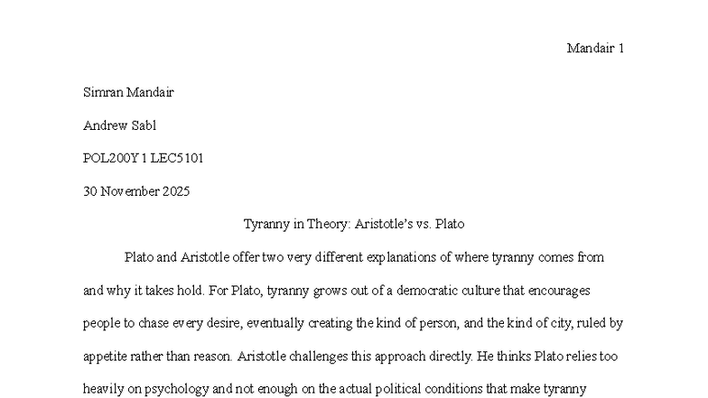 Simran Mandair POL200Y1 LEC5101 Tyranny in Theory: Aristotle vs. Plato ...