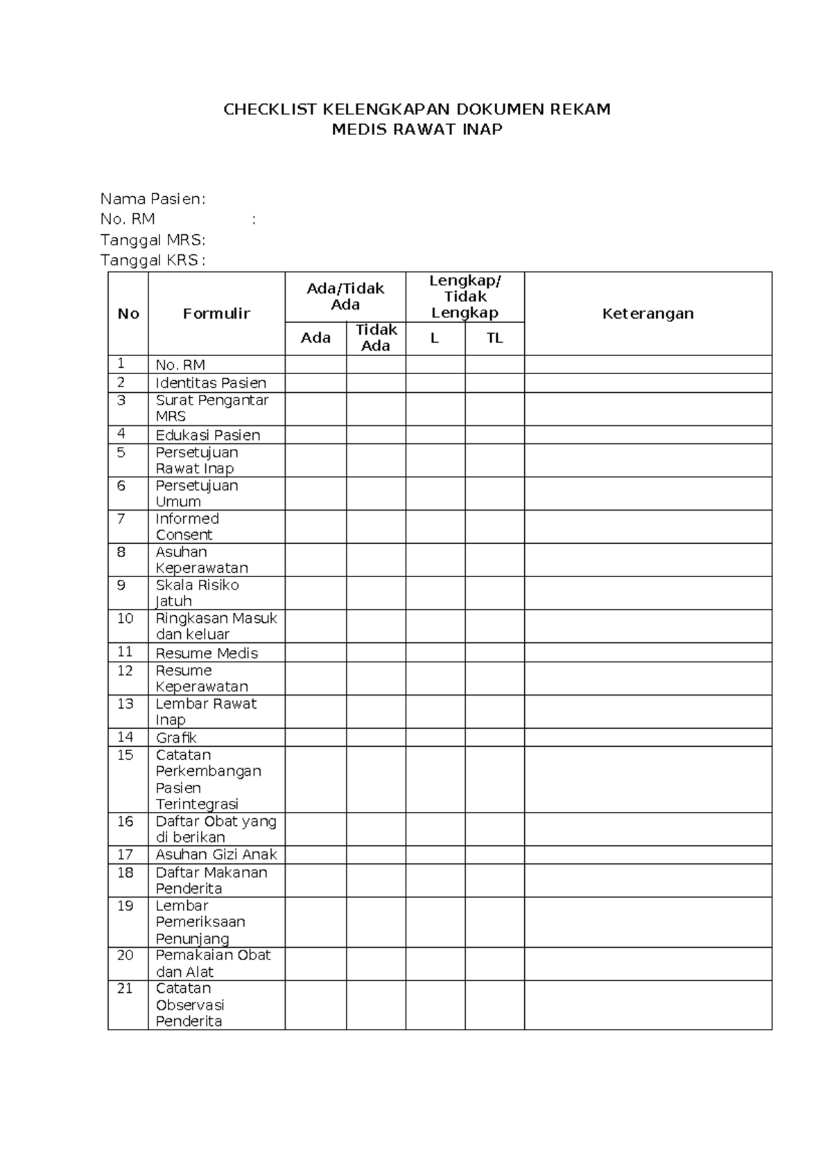 Checklist Kelengkapan Dokumen Rekam Medis Rawat Inap Cihos - Studocu
