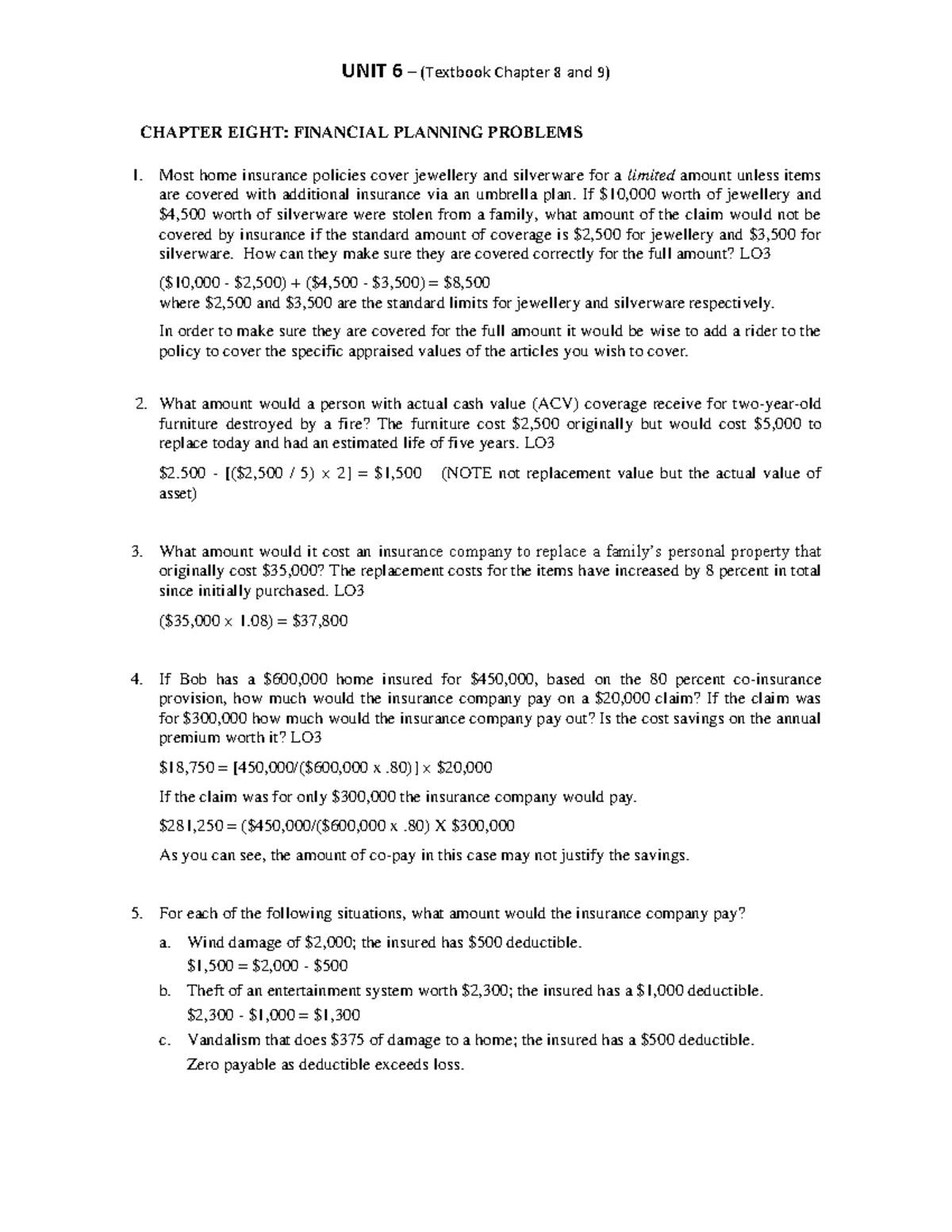 UNIT 6: CHAPTER 8 & 9 - FINANCIAL PLANNING & INSURANCE CASE STUDIES ...
