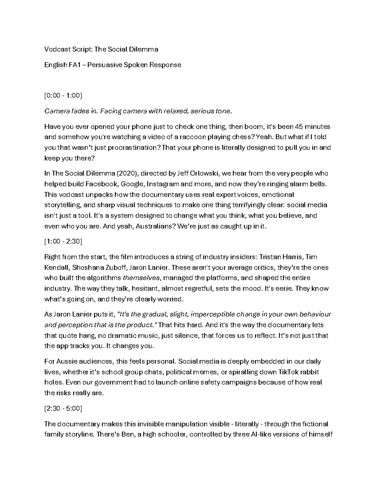 Vodcast Script: The Social Dilemma Analysis - QCE Gen English FA1 - Studocu