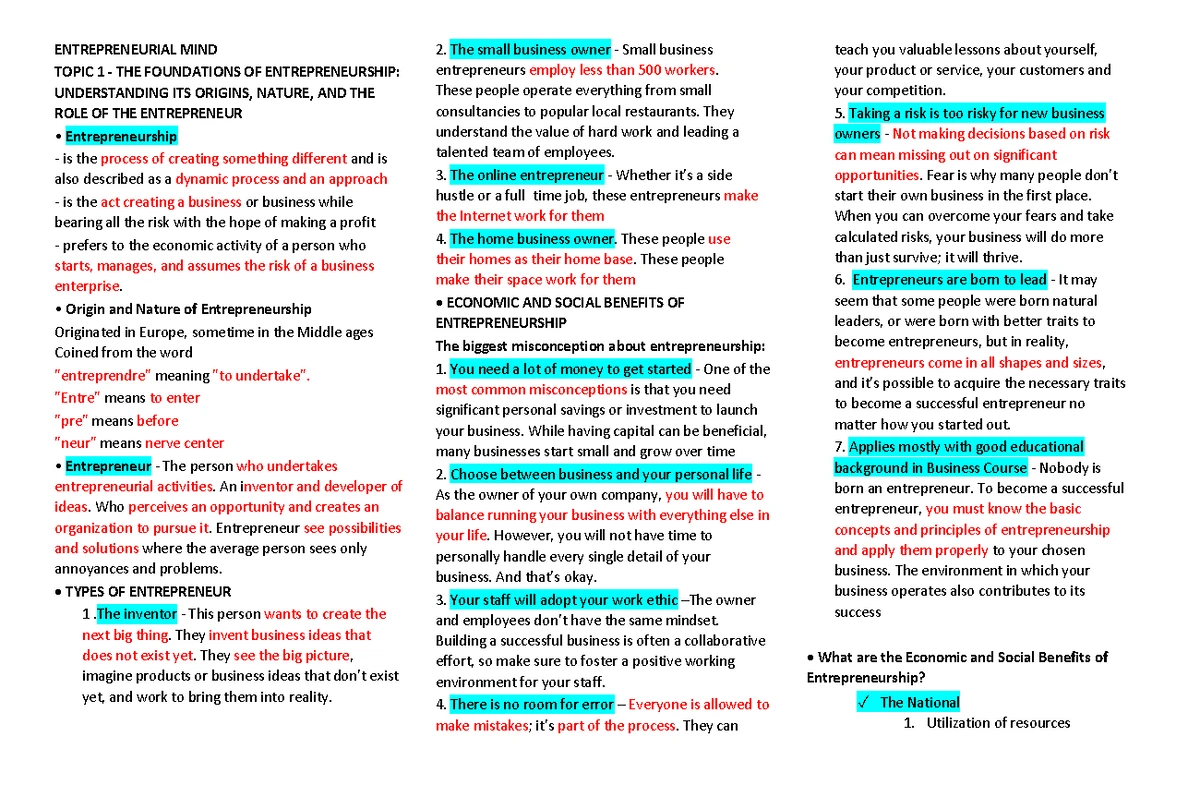 Entrep Mind Topic 2 - Entrepreneurial Mind FIRST SEMESTER: Notes ...
