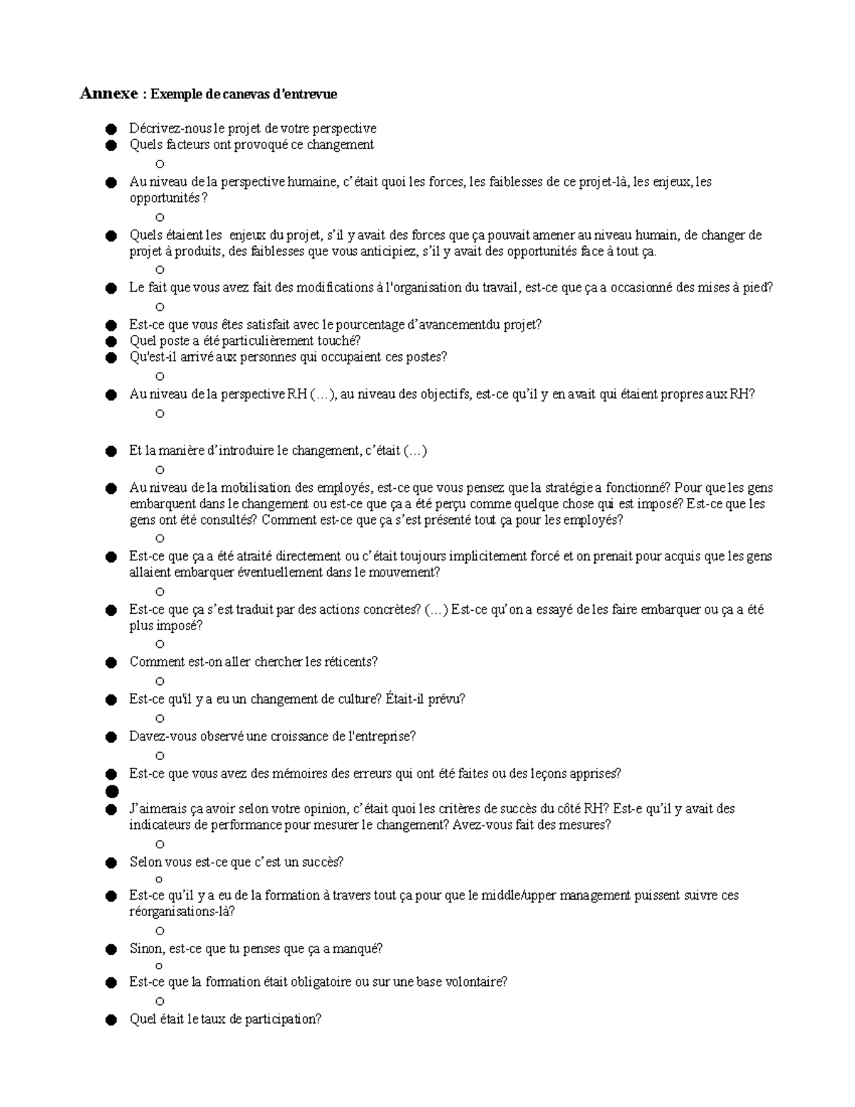 Exemple De Questions DEntrevue - Annexe : Exemple de canevas d'entrevue ...
