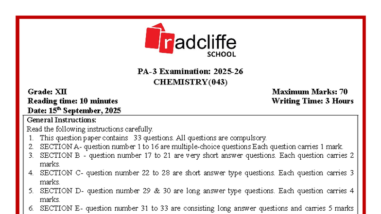 PA3-G12-Chemistry Final Exam Question Paper (CHEMISTRY 043) - Studocu