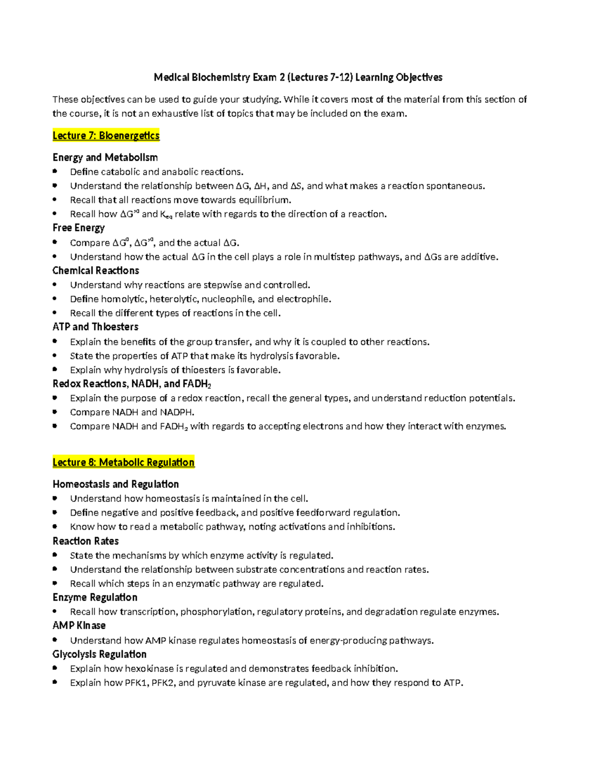 Medical Biochemistry Exam 2: Key Learning Objectives and Topics - Studocu