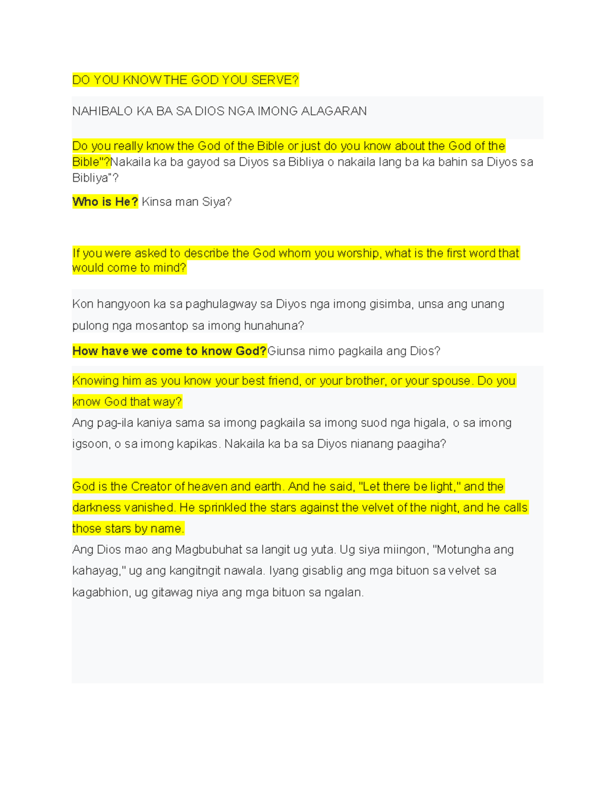 DO YOU REALLY KNOW THE GOD YOU SERVE? (NAHIBALO KA BA SA DIOS NGA IMONG ...