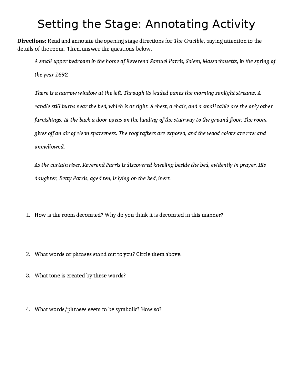 Crucible: Act 1 Setting Annotations and Analysis Guide - Studocu