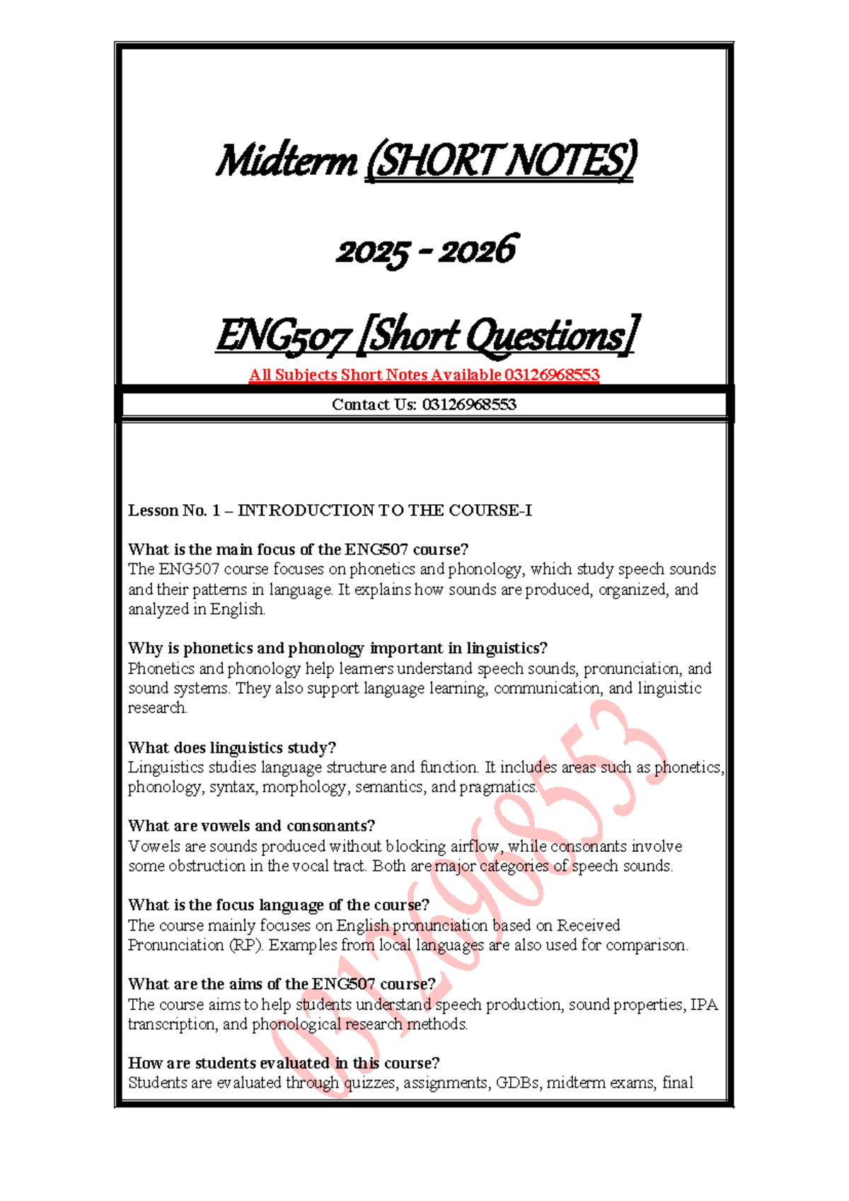 ENG507 Midterm Short Notes: Phonetics & Phonology Overview - Studocu