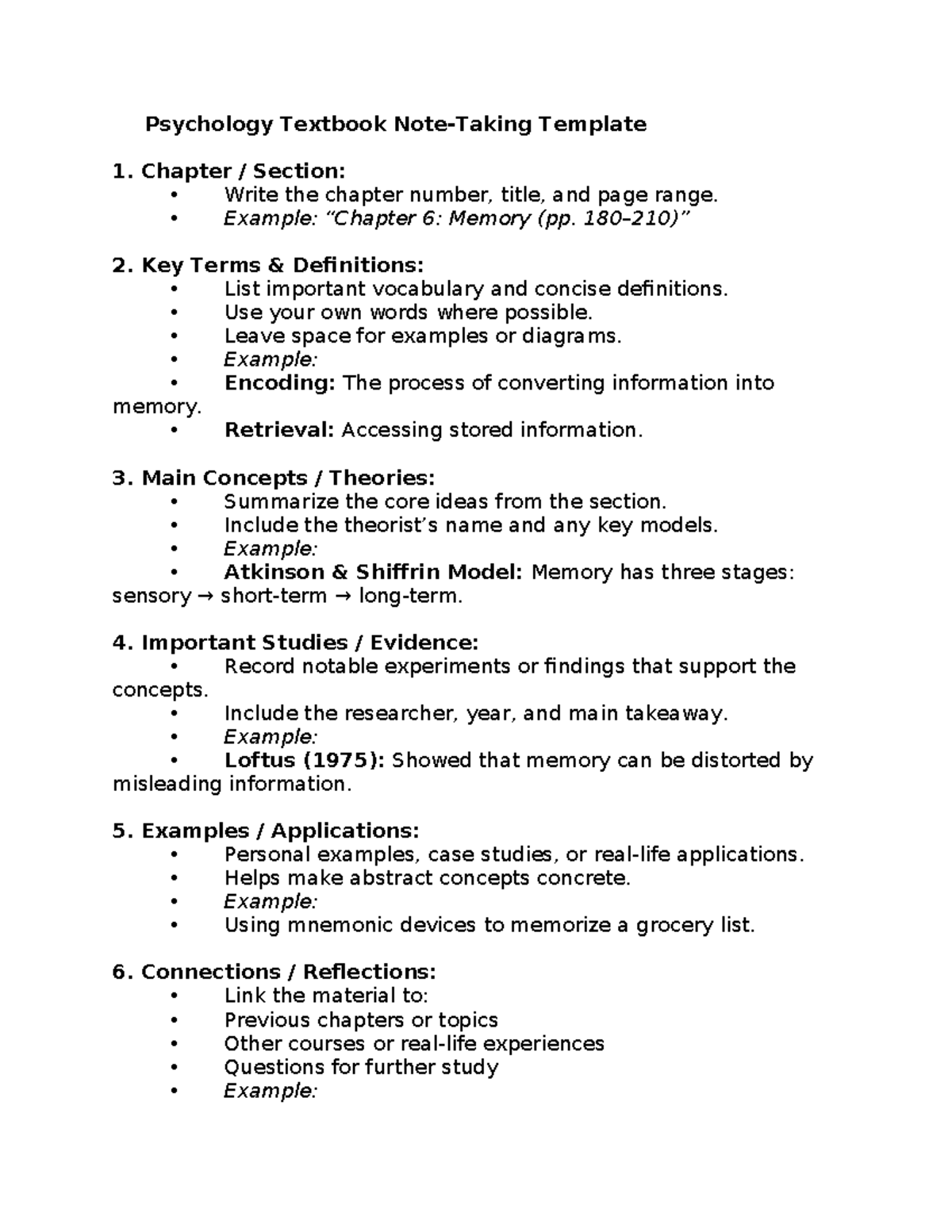 Psychology 101: Chapter Note-Taking Template - Studocu