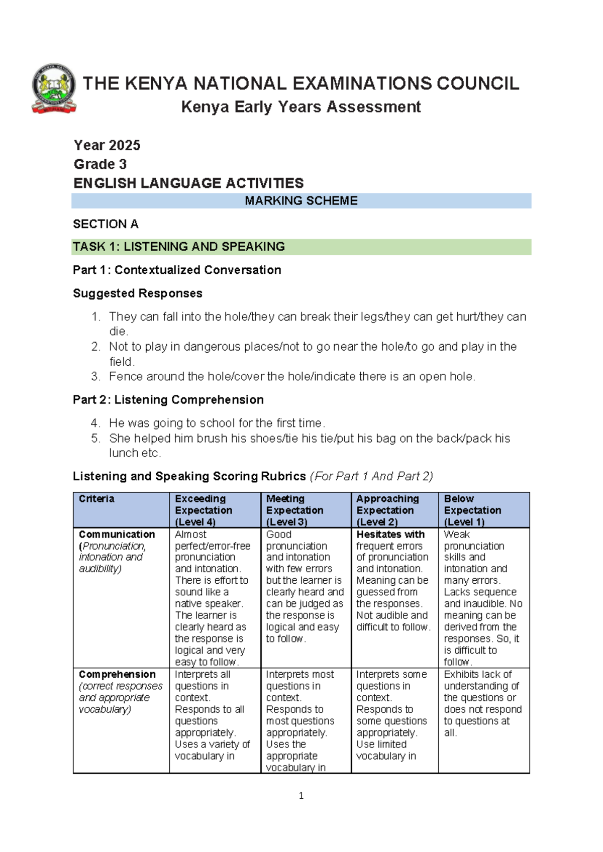 ENG 1 2025 Grade 3 English Language Activities Marking Scheme - Studocu