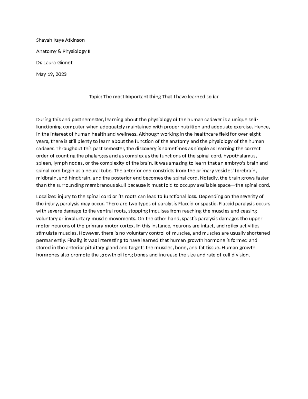 A&P Essay - Study Guide - Shayah Kaye Atkinson Anatomy & Physiology II ...