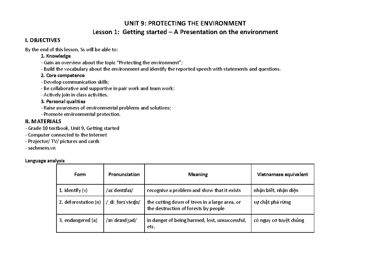 TA10 - Unit 9: Protecting the Environment Lesson Overview and ...