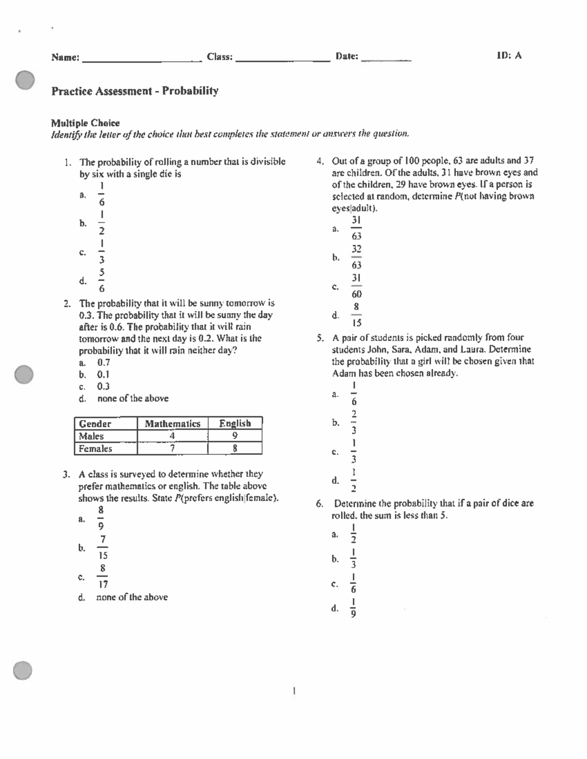 MDM 4U Unit 2 Review - Probability Practice Assessment - Studocu