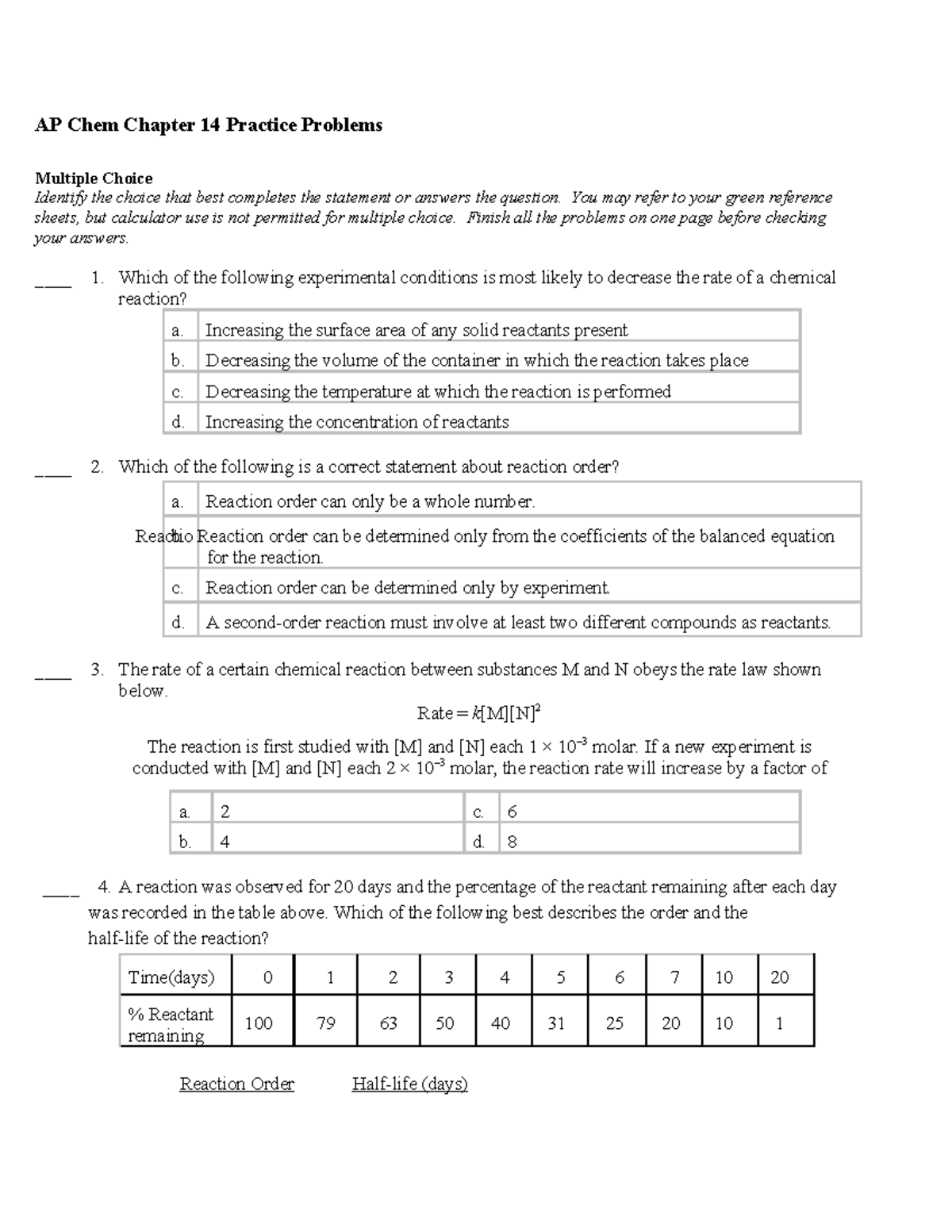 AP Chem Kinetics Practice Problems: Multiple Choice & Solutions - Studocu