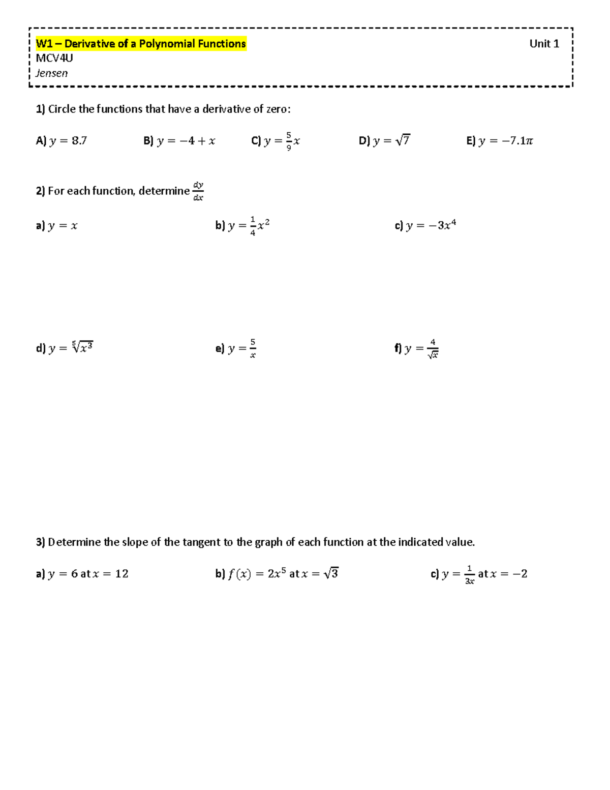 W1 MCV4U Calculus Practice: Derivatives of Polynomial Functions - Studocu