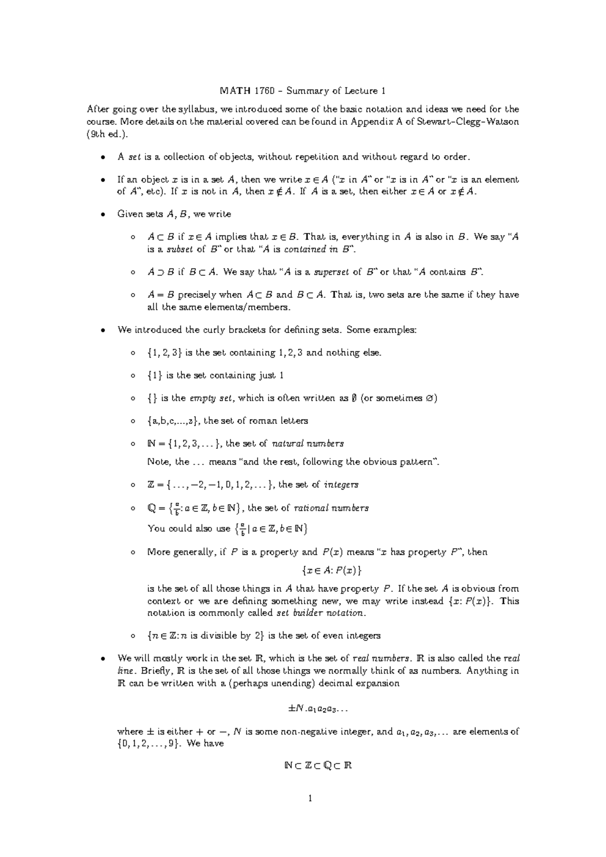 MATH 1760 Lecture 1 Notes: Functions & Differential Calculus - Studocu