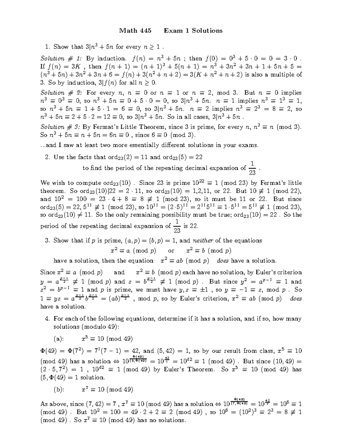 Exam 1 Solutions - exam - Math 445 Exam 1 Solutions 1. Show that 3|n3 ...