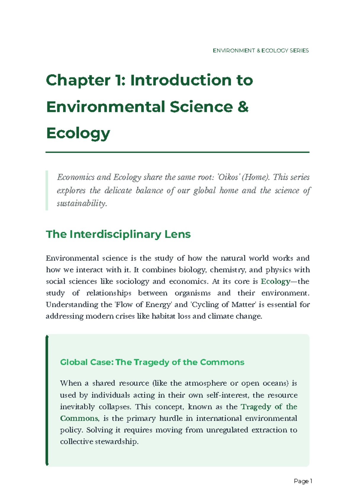 ENVIRONMENTAL SCIENCE 101 Chapter 1: Intro to Ecology & Sustainability ...