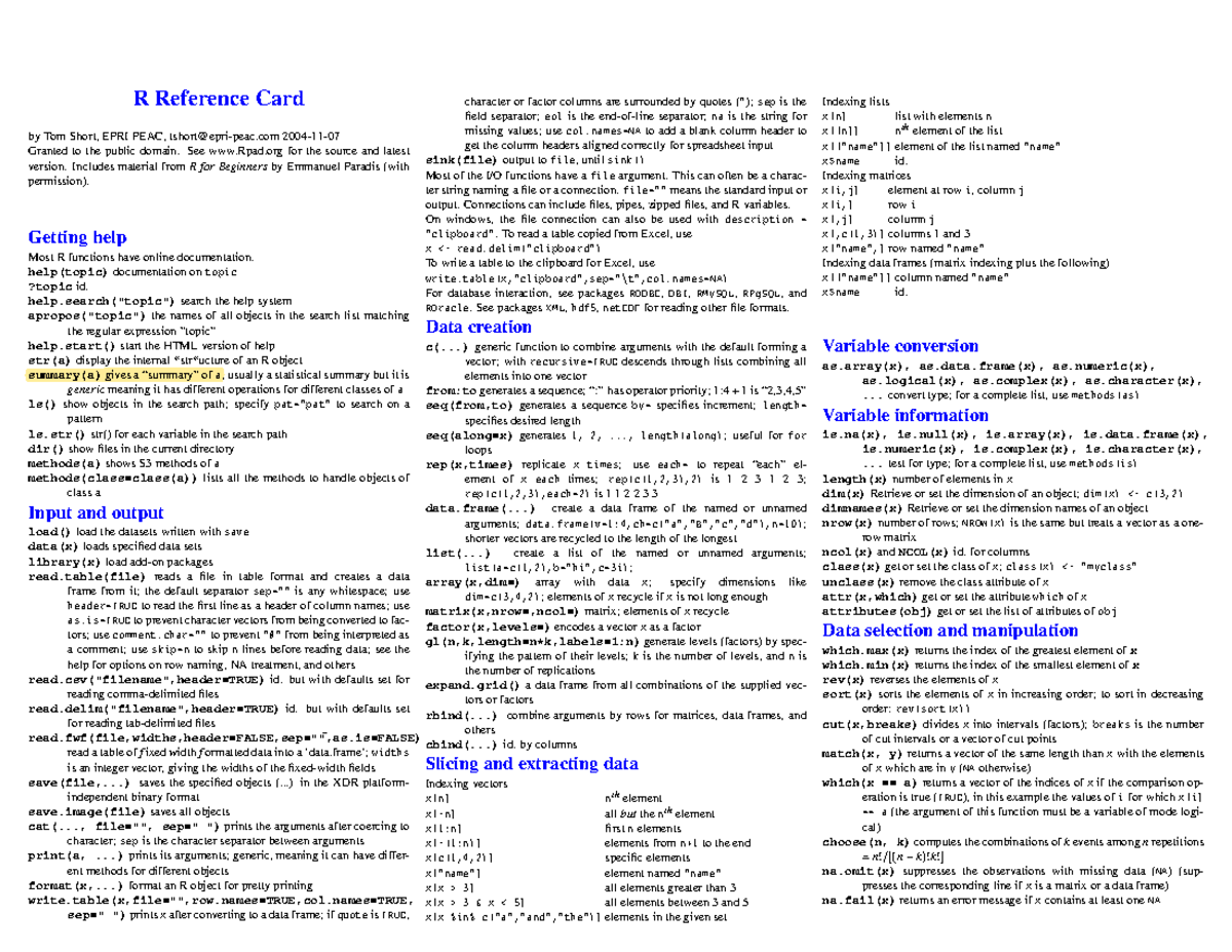 R Programming Quick Reference Guide - Key Functions and Usage - Studocu
