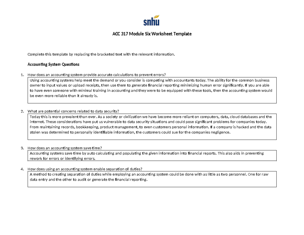 ACC 317 Module Six Worksheet: Accounting Systems & Data Security ...