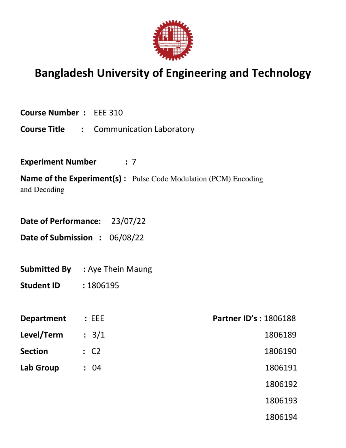 1806195 EEE 310 Lab Report: Pulse Code Modulation (PCM) Experiment 7 - Studocu