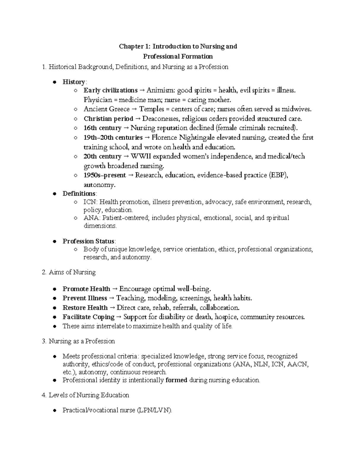 Chapter 1: Intro to Nursing & Professional Formation (NURS 101) - Studocu