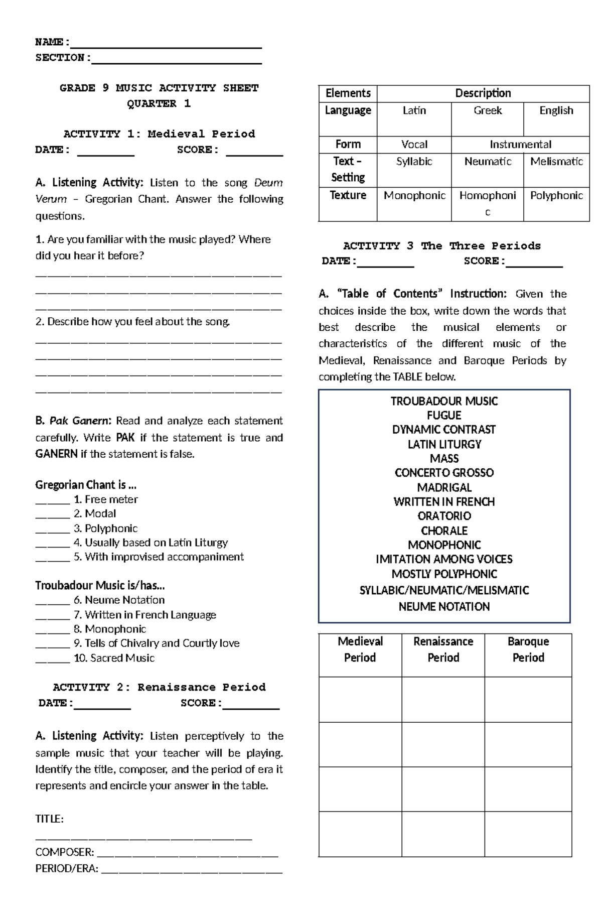 Q1-Music 9-Activity Sheet: Exploring Medieval & Renaissance Periods ...