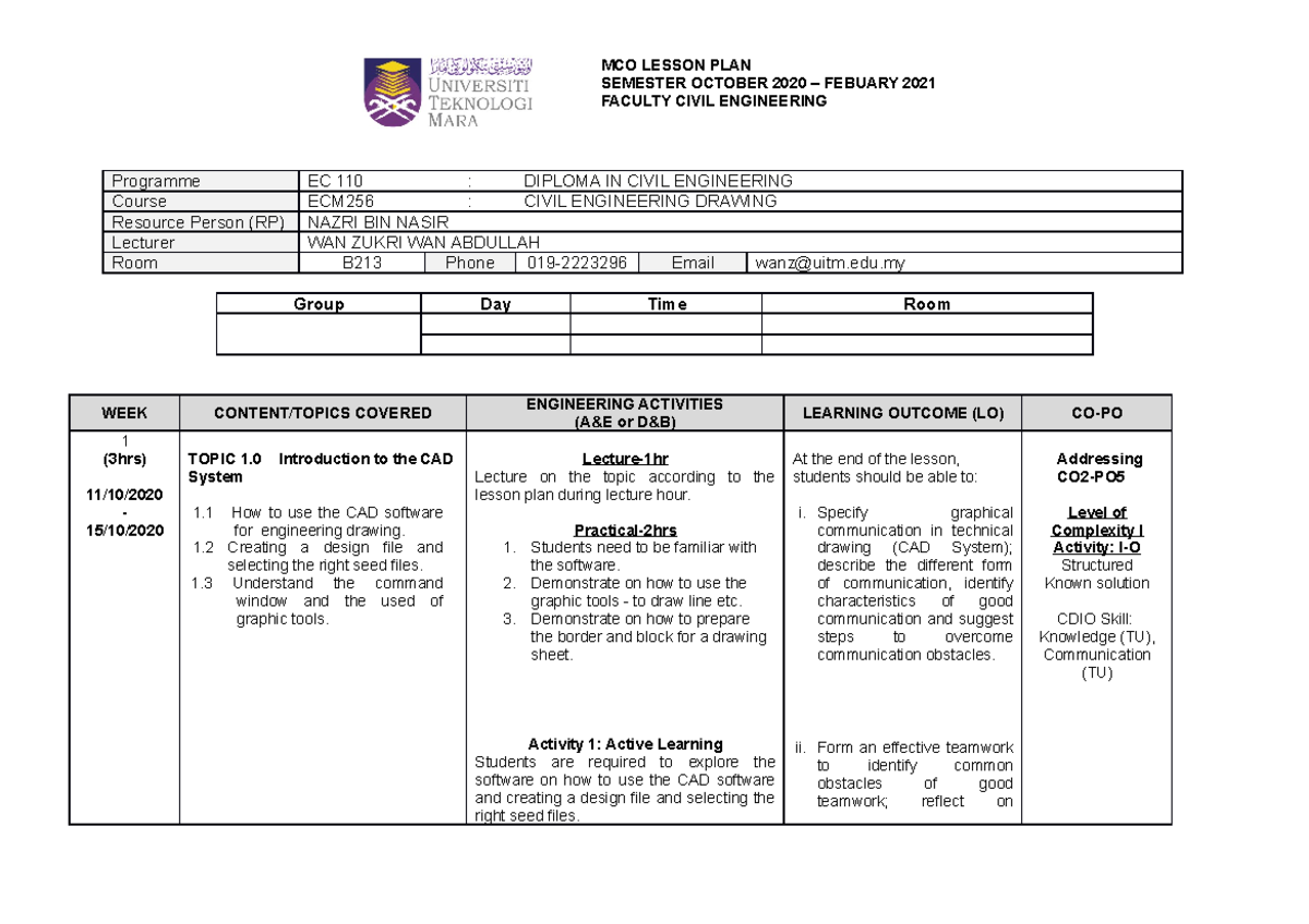 Lesson Plan for ECM256: Civil Engineering Drawing (Oct 20 - Feb 21 ...
