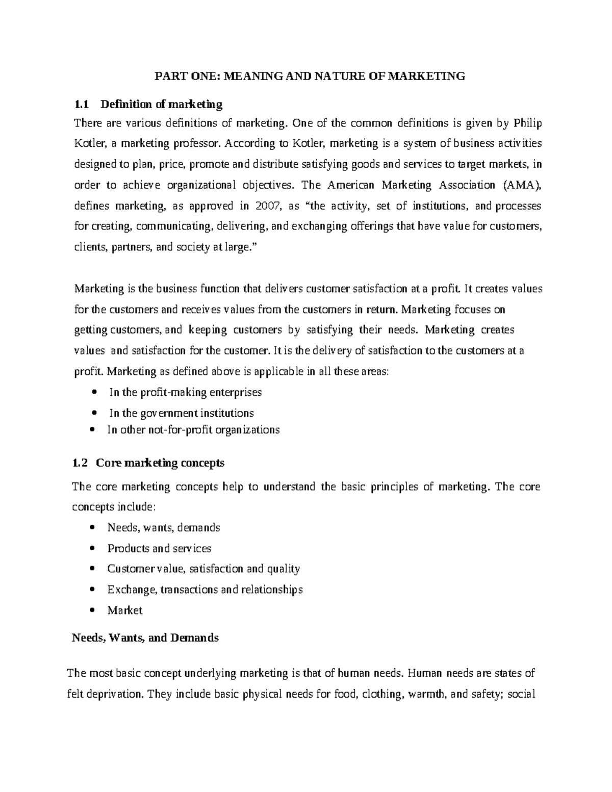 Meaning and Nature of Marketing - Course Code: MKTG101 - Part One - Studocu