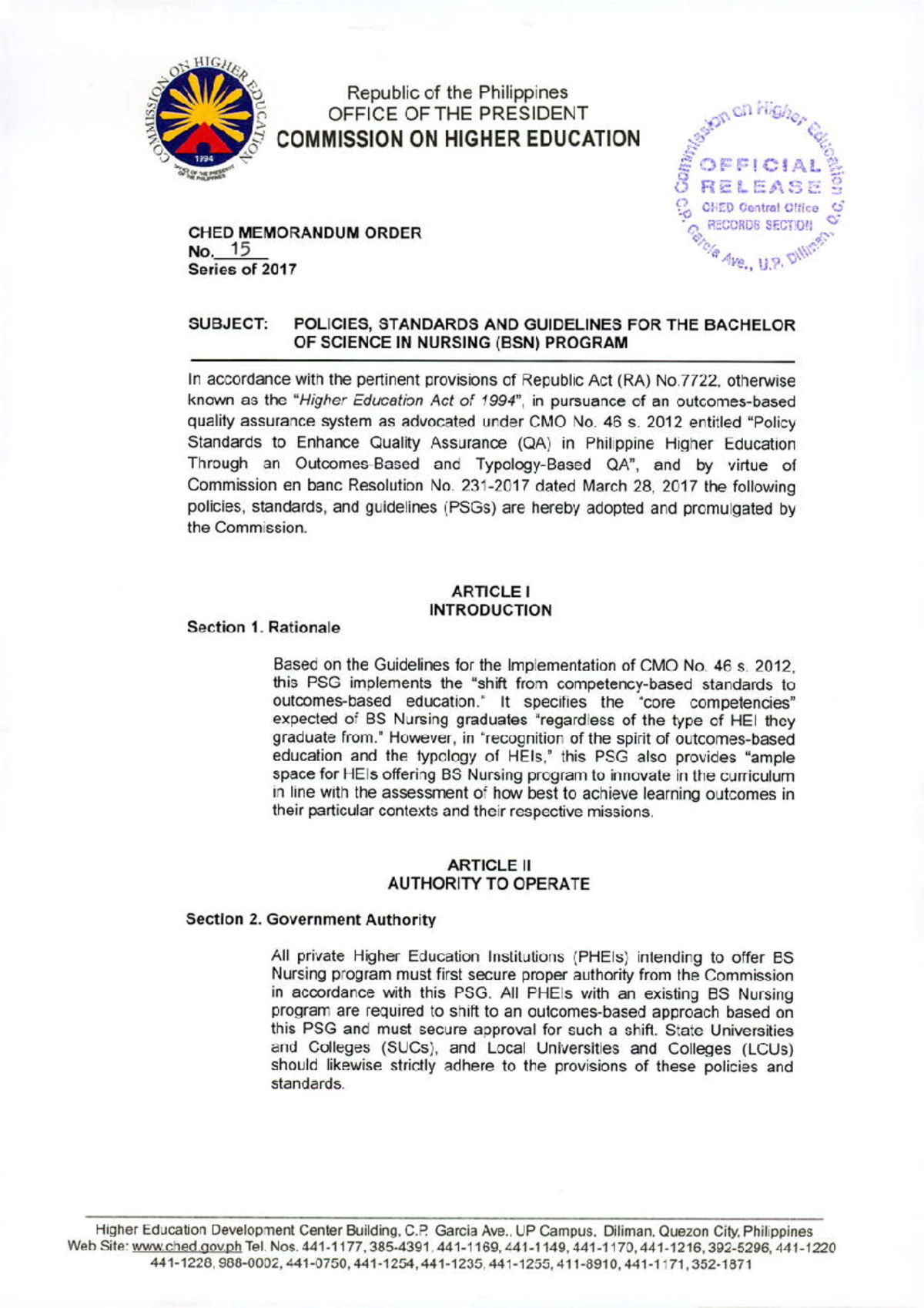 CHED Memorandum Order No. 15: Policies & Guidelines for BS Nursing ...