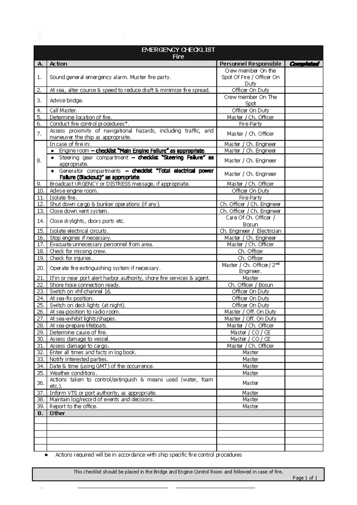 02a-EMERGENCY FIRE CHECKLIST: Actions & Procedures - Studocu