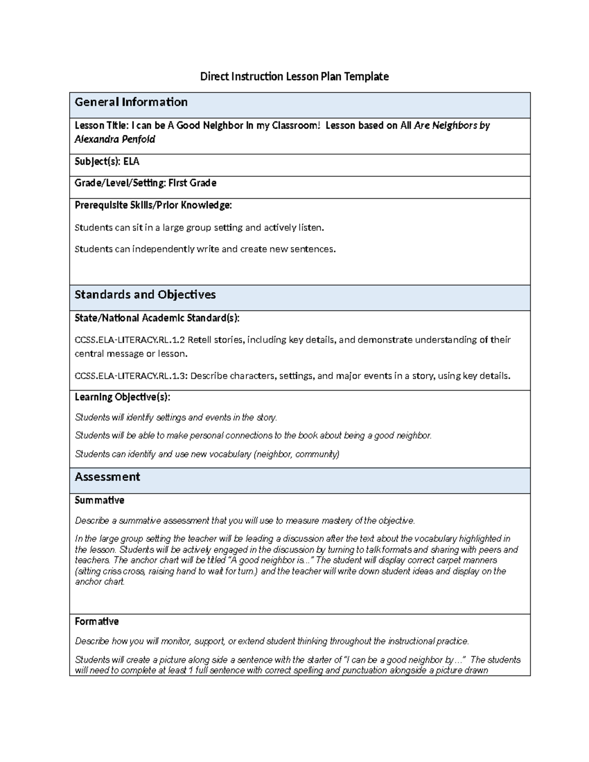 EDU 101: Direct Instruction Lesson Plan - Good Neighbor Theme - Studocu
