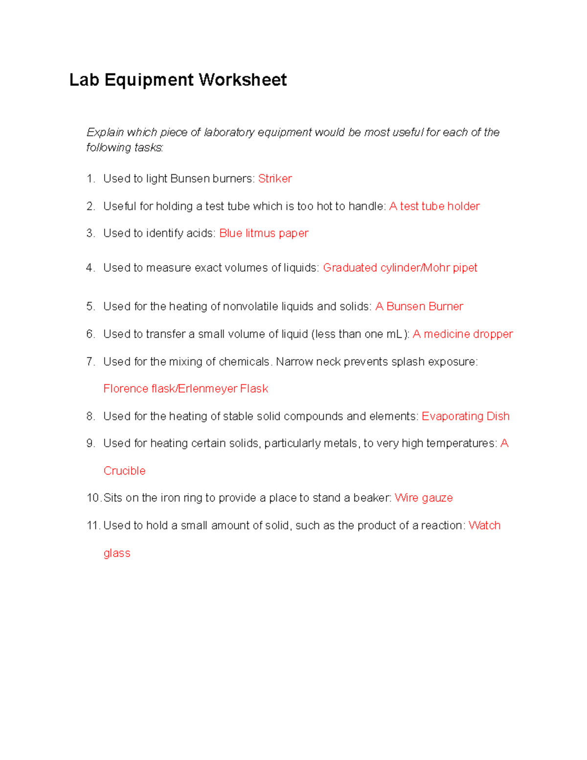 Lab Equipment Identification Worksheet Answer Key