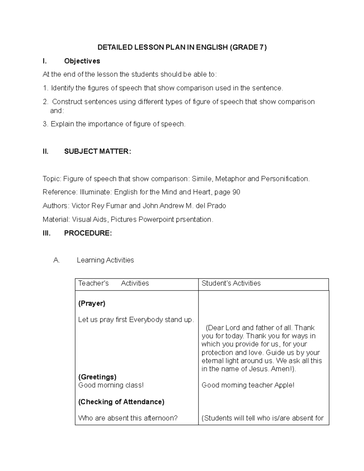 Detailed Lesson Plan on Figures of Speech (Grade 7: Englis 23) - Studocu