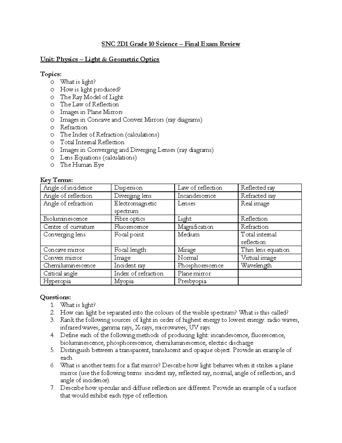 SNC 2D1 Grade 10 Science Final Exam Review: Physics, Chemistry, Biology ...