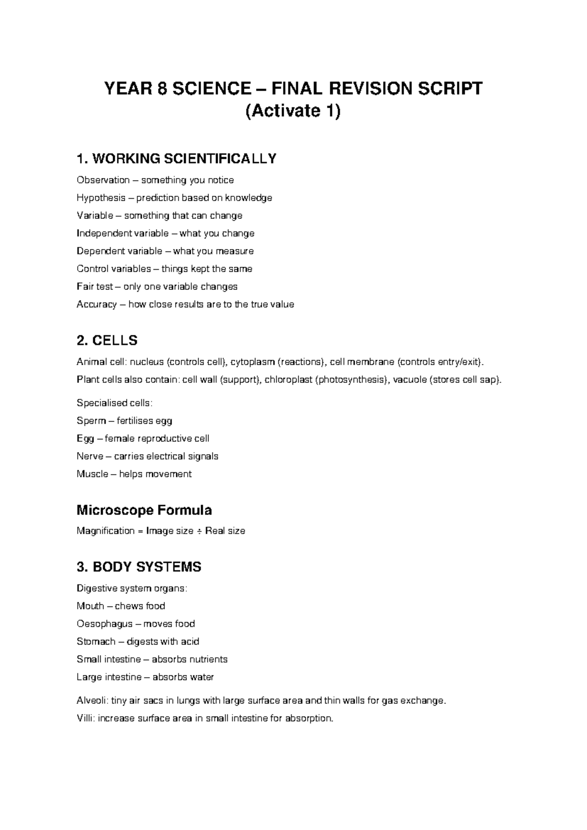 YEAR 8 SCIENCE FINAL REVISION NOTES (Activate 1) - Studocu