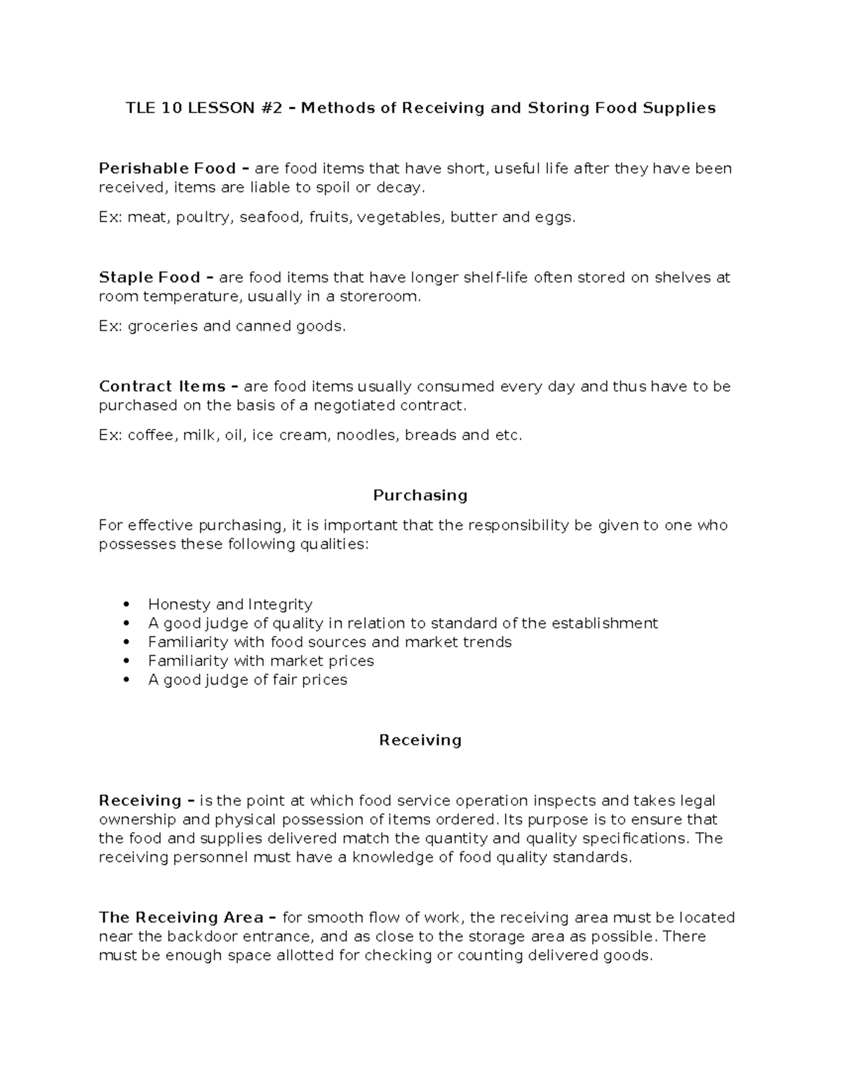 TLE 10 Lesson 2: Methods for Receiving and Storing Food Supplies - Studocu
