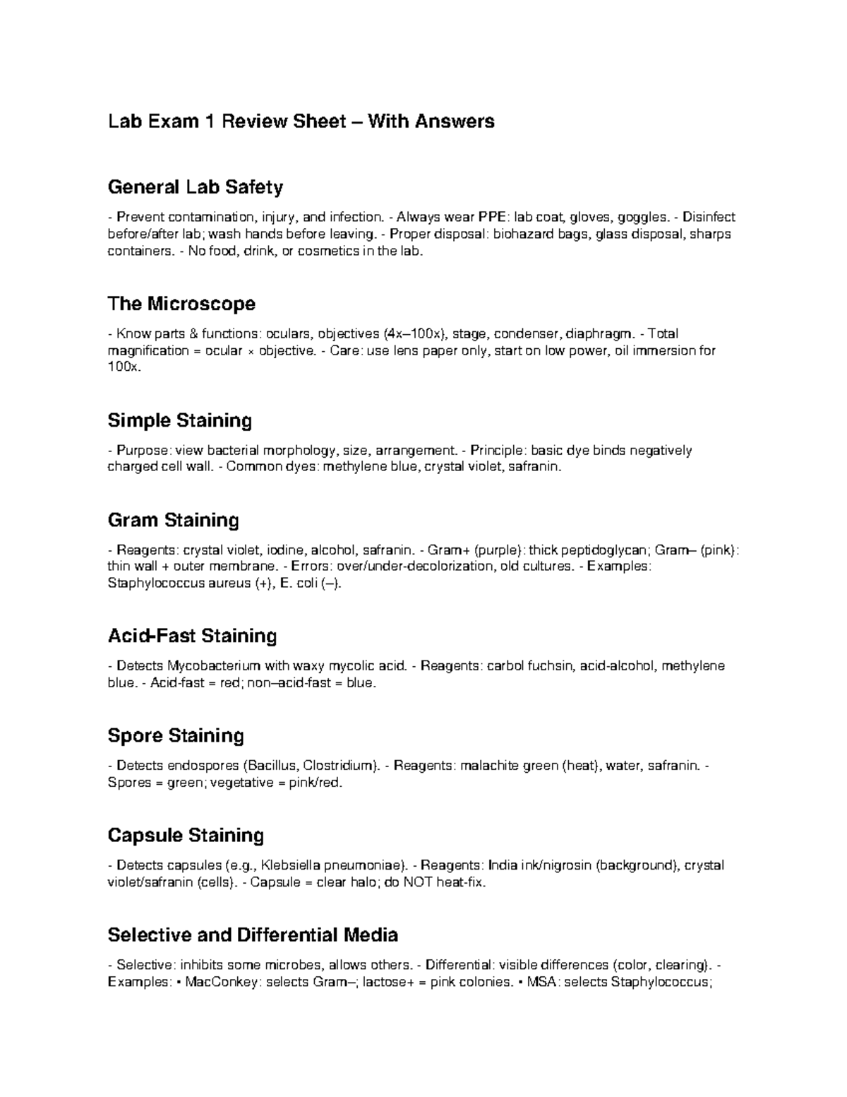 Lab Exam 1 Review Sheet: General Lab Safety & Staining Techniques - Studocu
