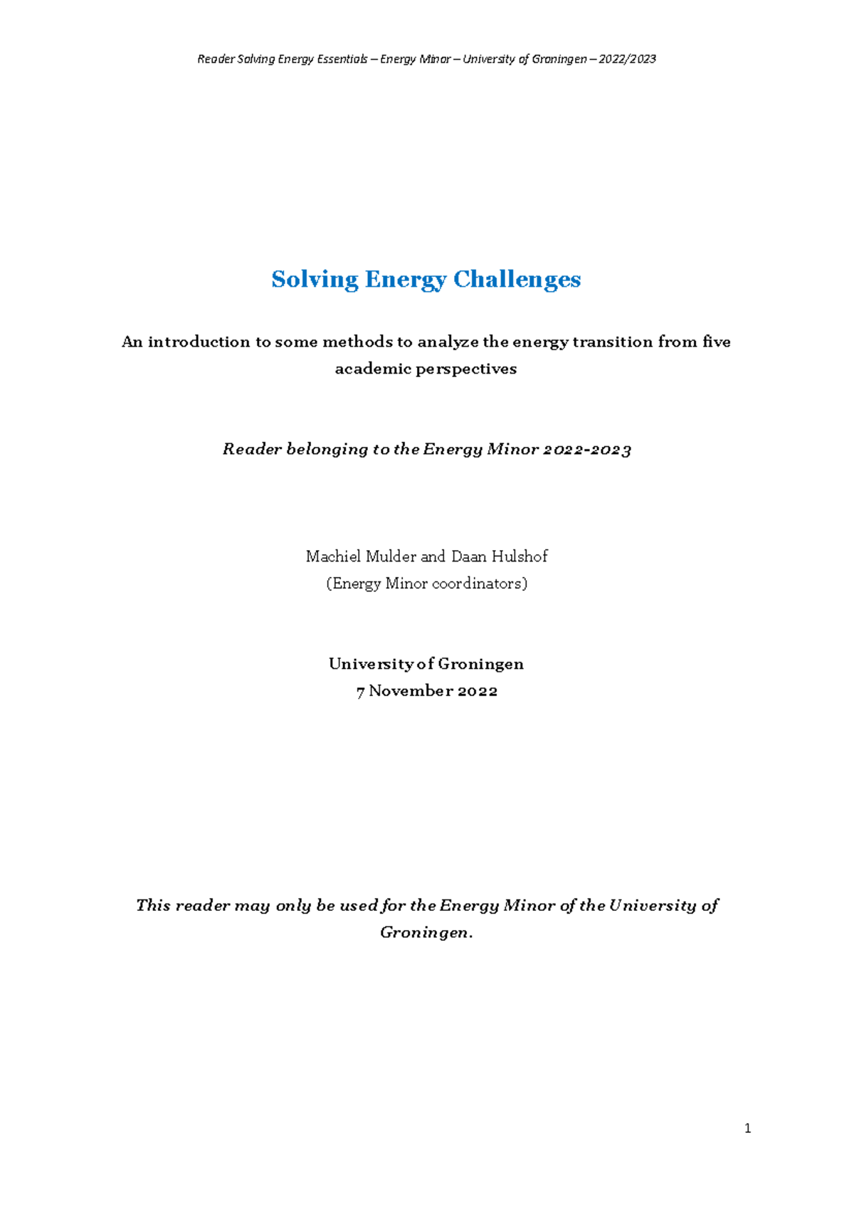 Energy Minor Reader: Analyzing Methods for Energy Transition (2022-2023 ...
