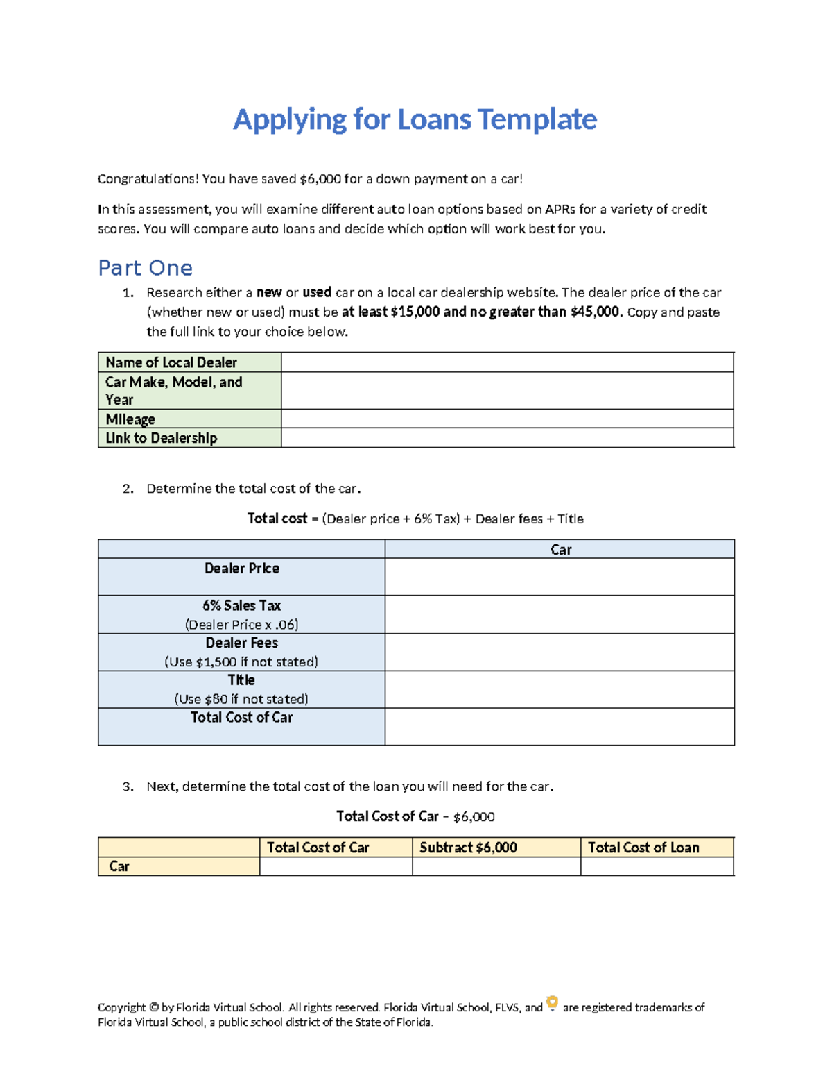 Auto Loan Assessment Template: Comparing Options & Costs - Studocu