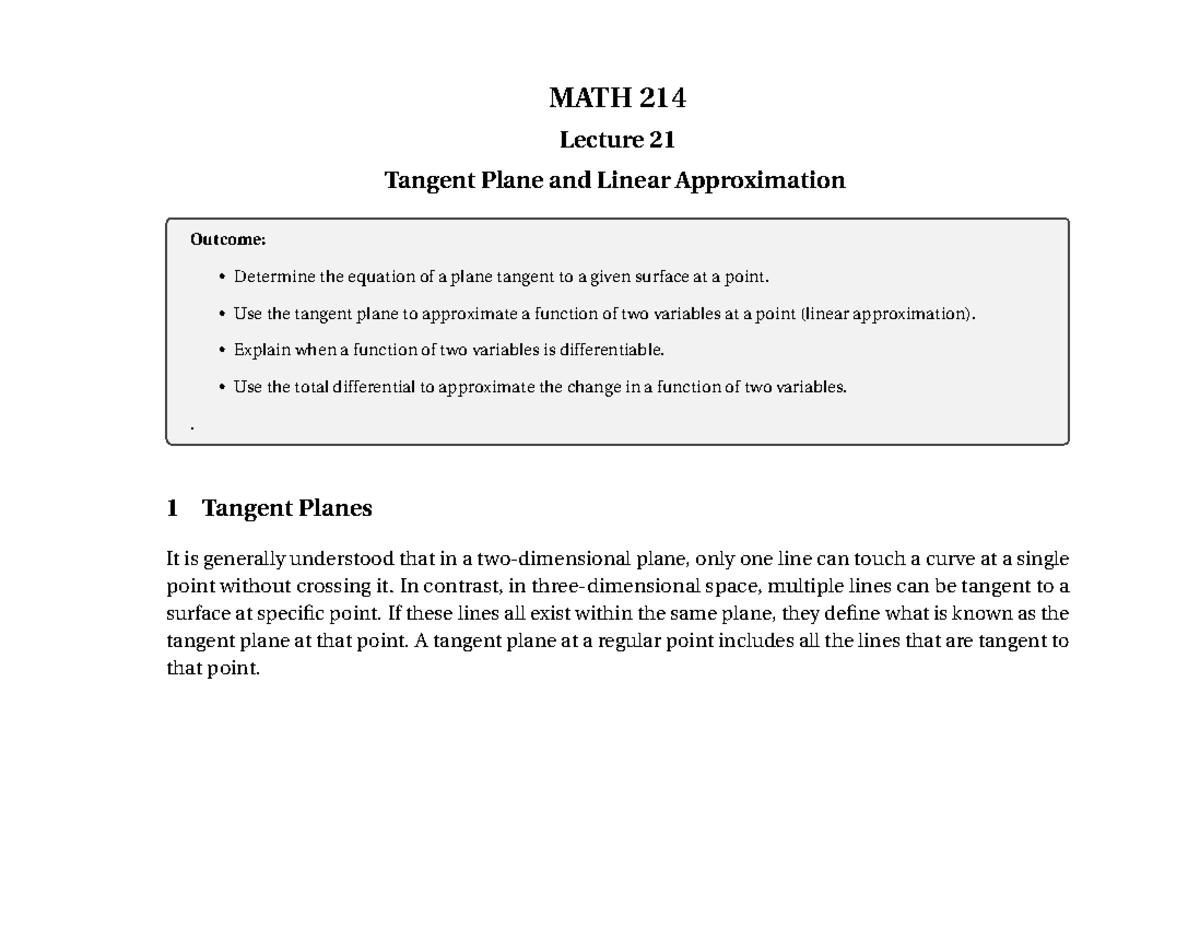 MATH 214 Lecture 21: Tangent Plane & Linear Approximation Notes - Studocu
