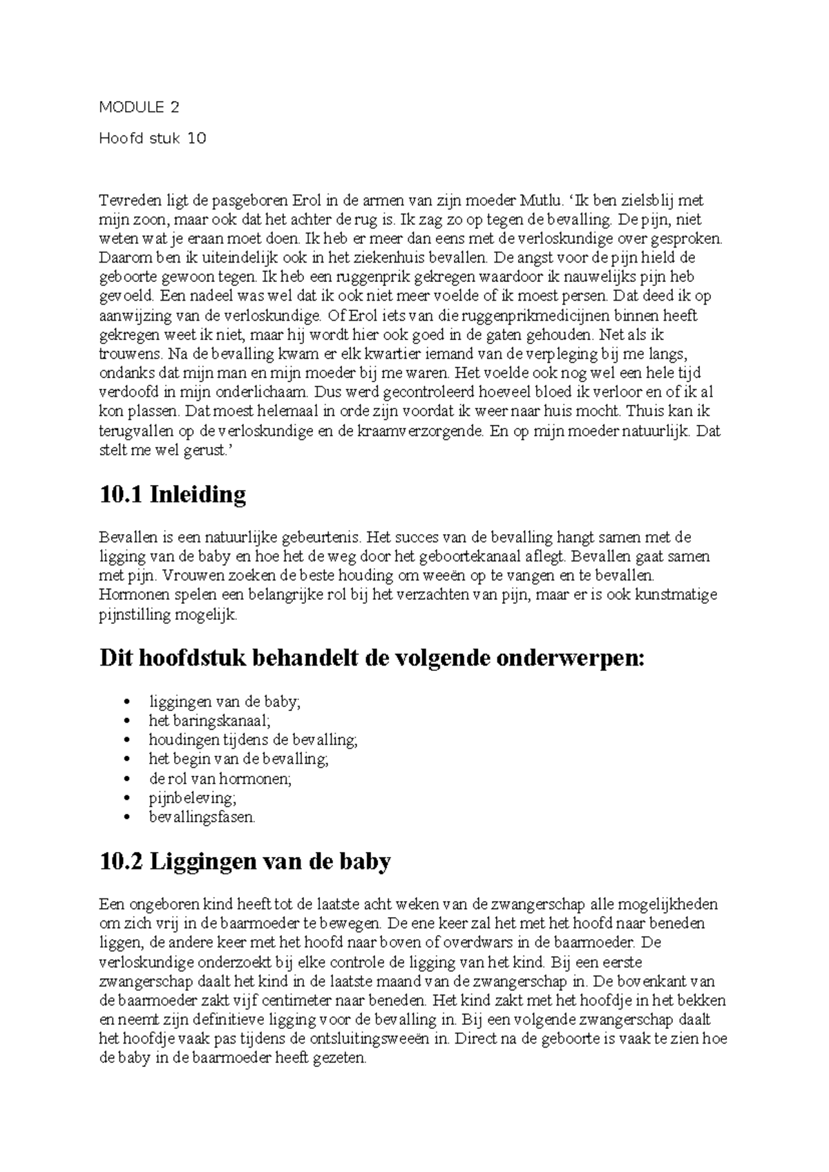 MODULE 2: Hoofdstuk 10 - Bevalling en Liggingen van de Ba - Studeersnel