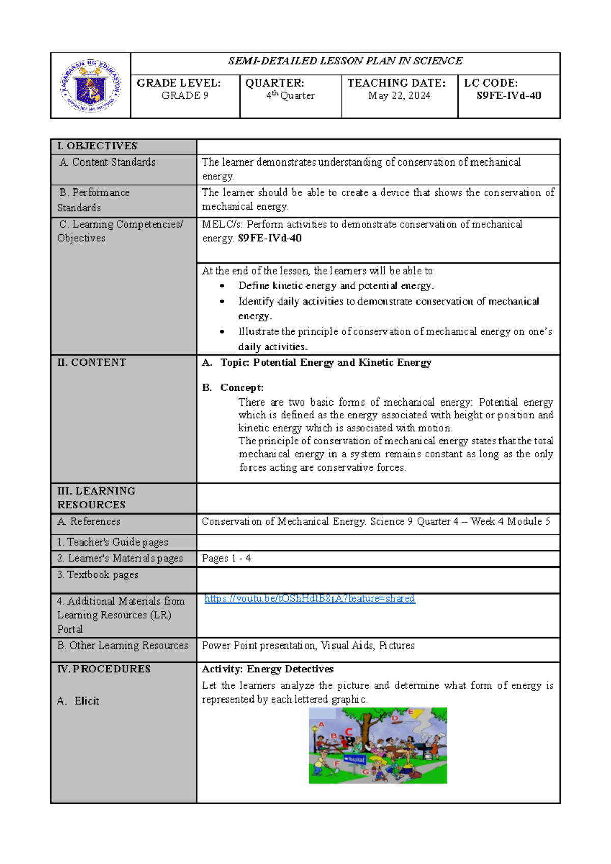 Semi-Detailed Lesson Plan: Conservation of Mechanical Energy (S9FE-IVd-40) - Studocu