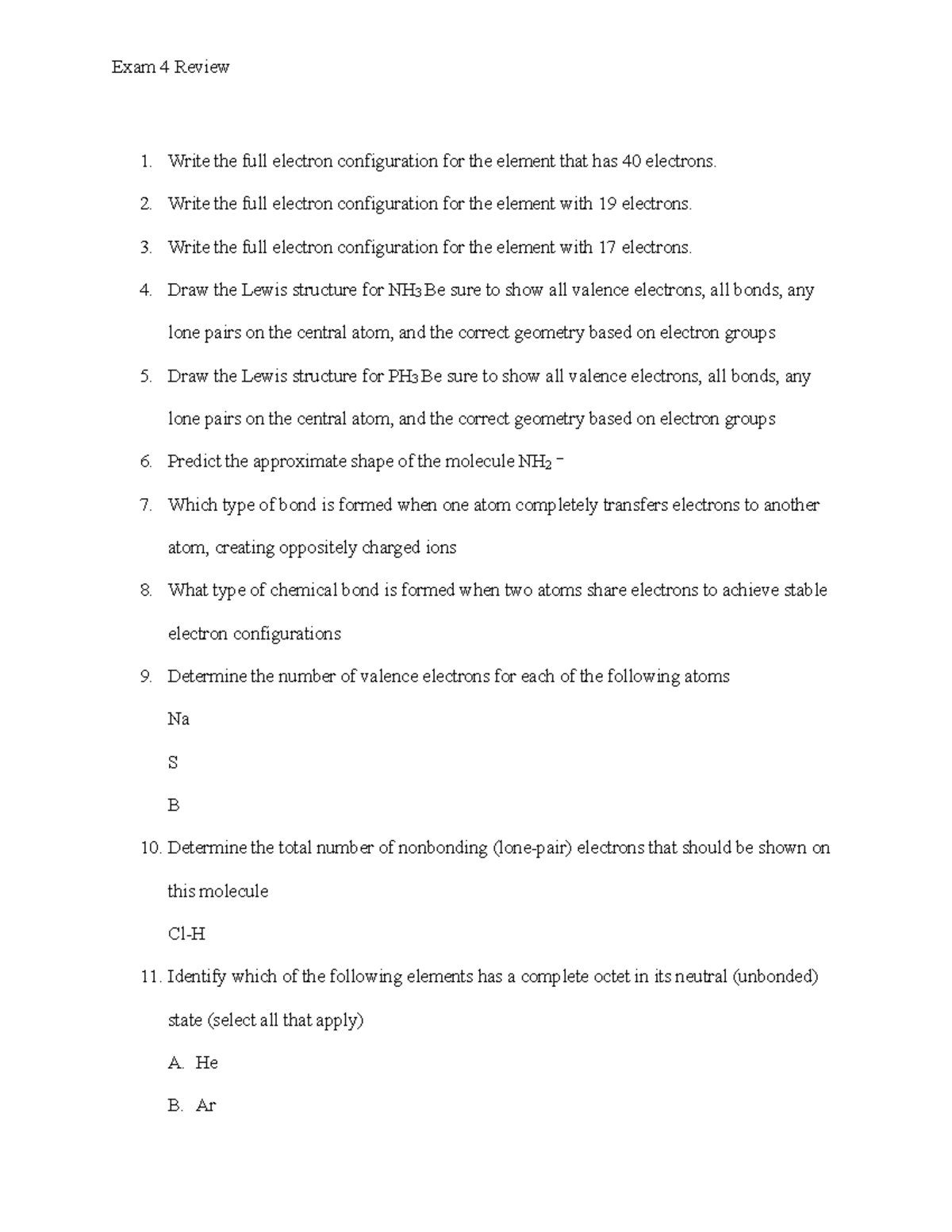 Exam 4 Review: Electron Configurations & Lewis Structures - Studocu