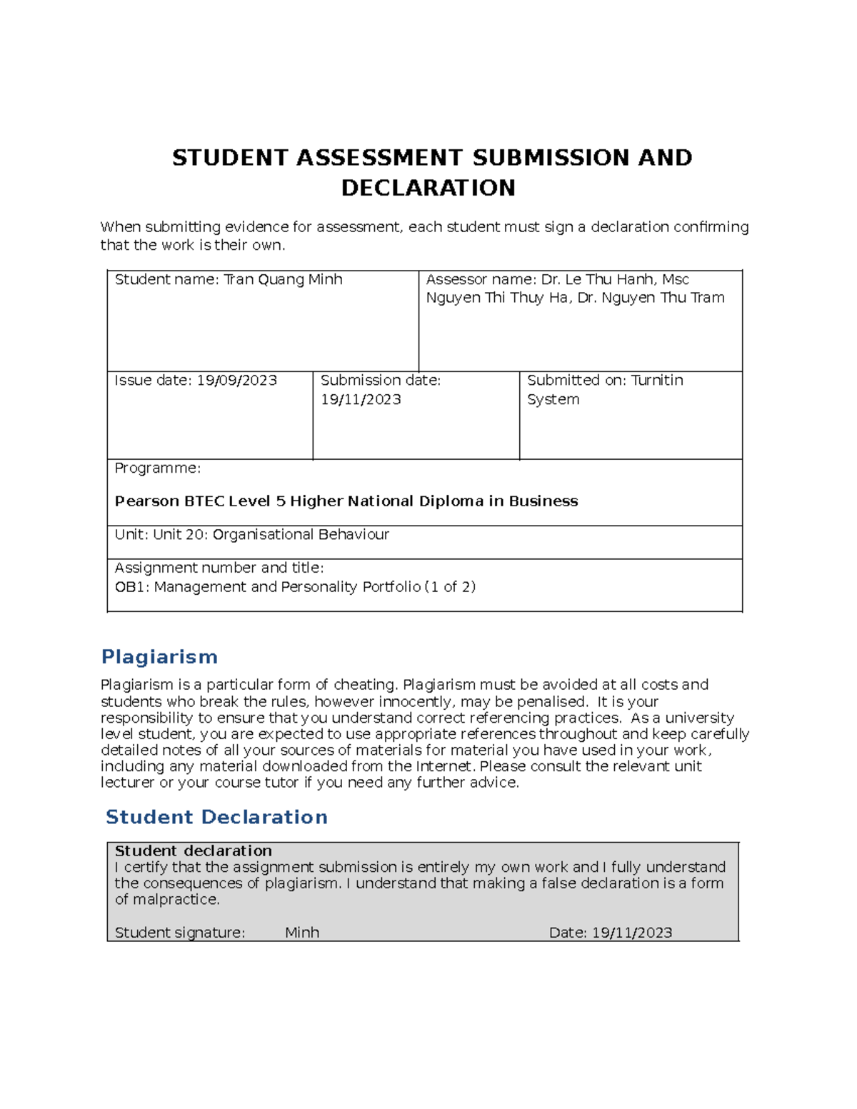 Unit 20 - OB1 Management and Personality Portfolio Submission Declaration - Studocu