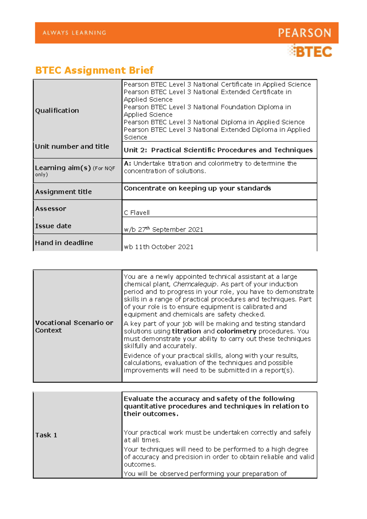 BTEC Level 3 Applied Science Unit 2: Titration & Colorimetry Assignment ...