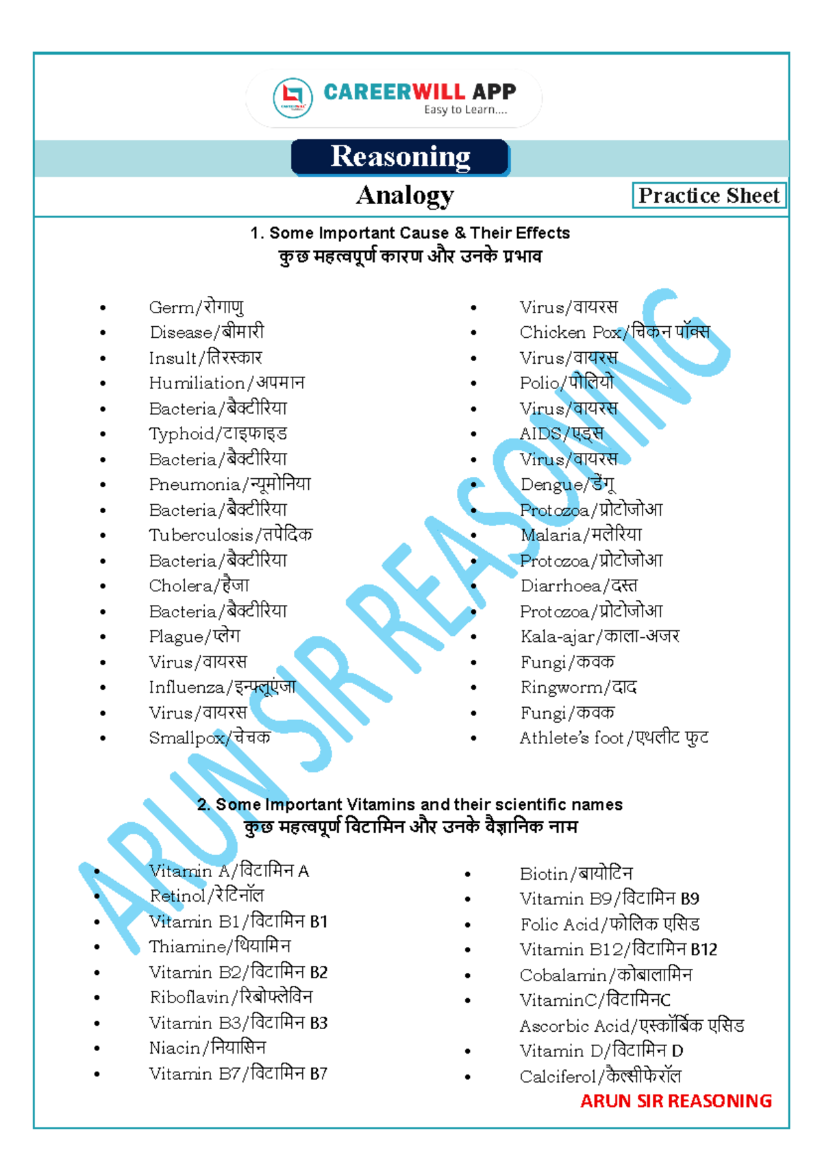 Reasoning Analogy Practice Sheet 1: Important Relationships & Facts ...